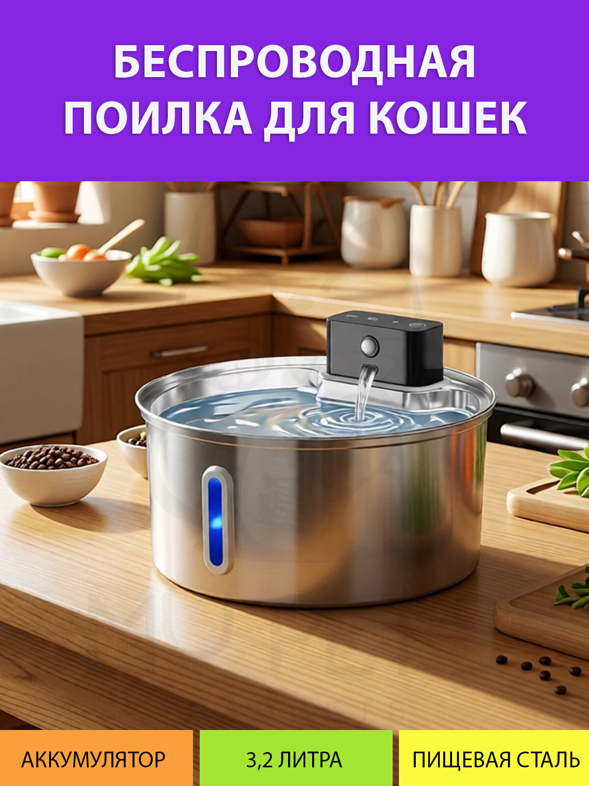 Поилка для животных MY PET'S GADGETS, круглая, беспроводная, нержавеющая сталь, 4200mAh, 3.2 л