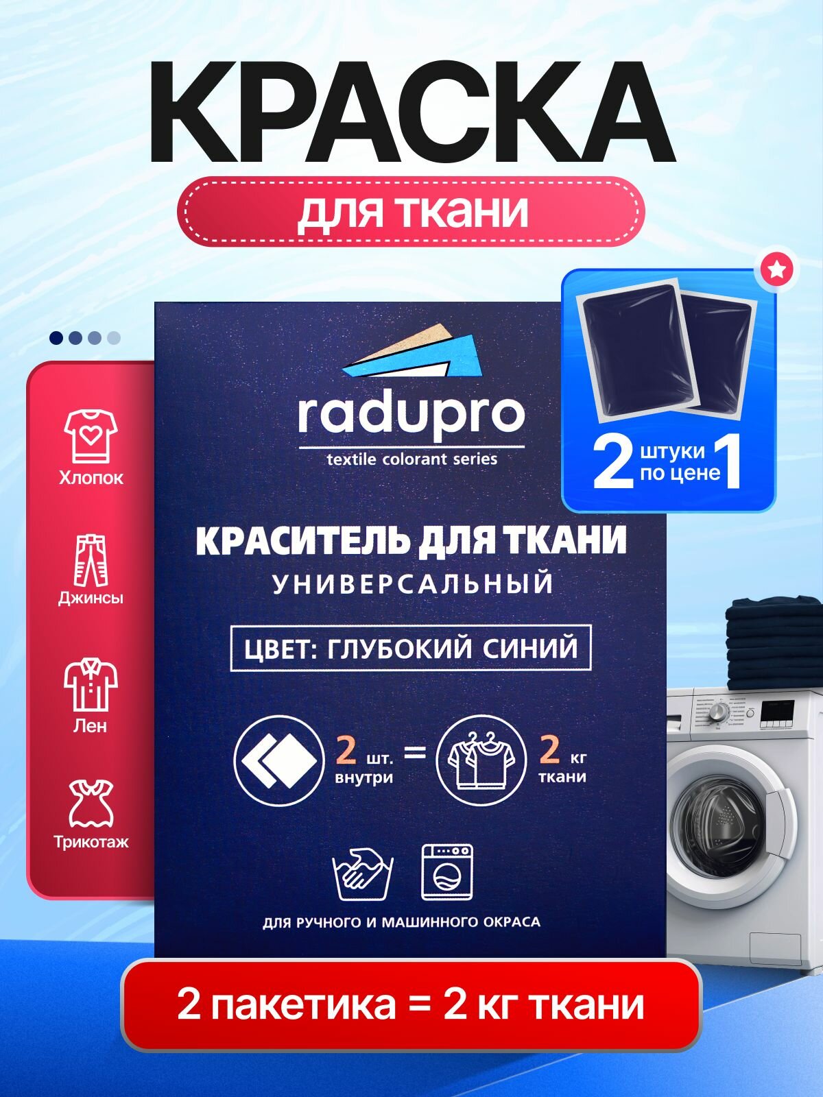 Краска для ткани синяя для джинсы, хлопка и натуральных тканей