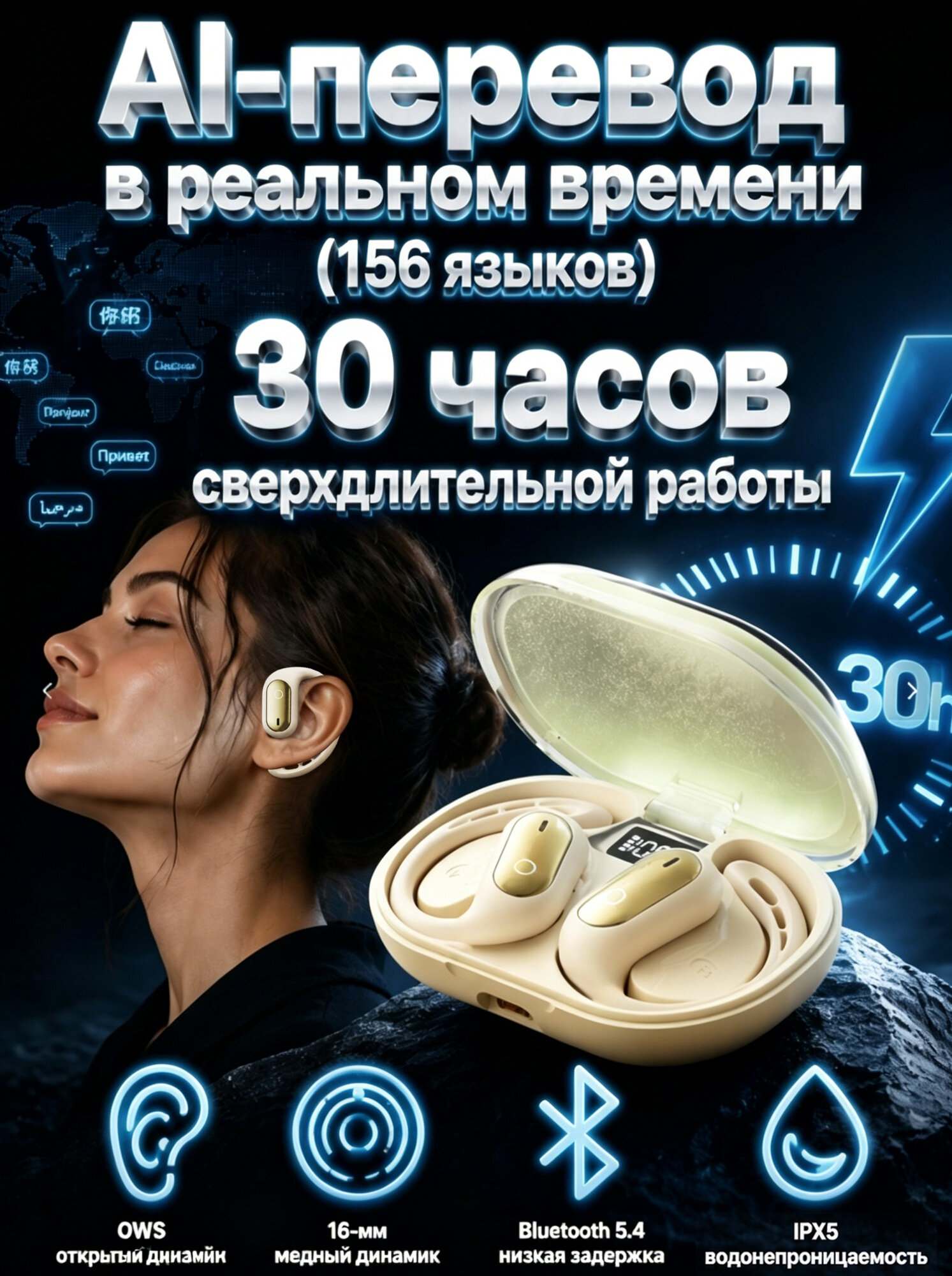 Наушники беспроводные XG23PRO с переводчиком на 156 языков, Bluetooth 5.4, OWS открытые, лучшие для спорта и игр