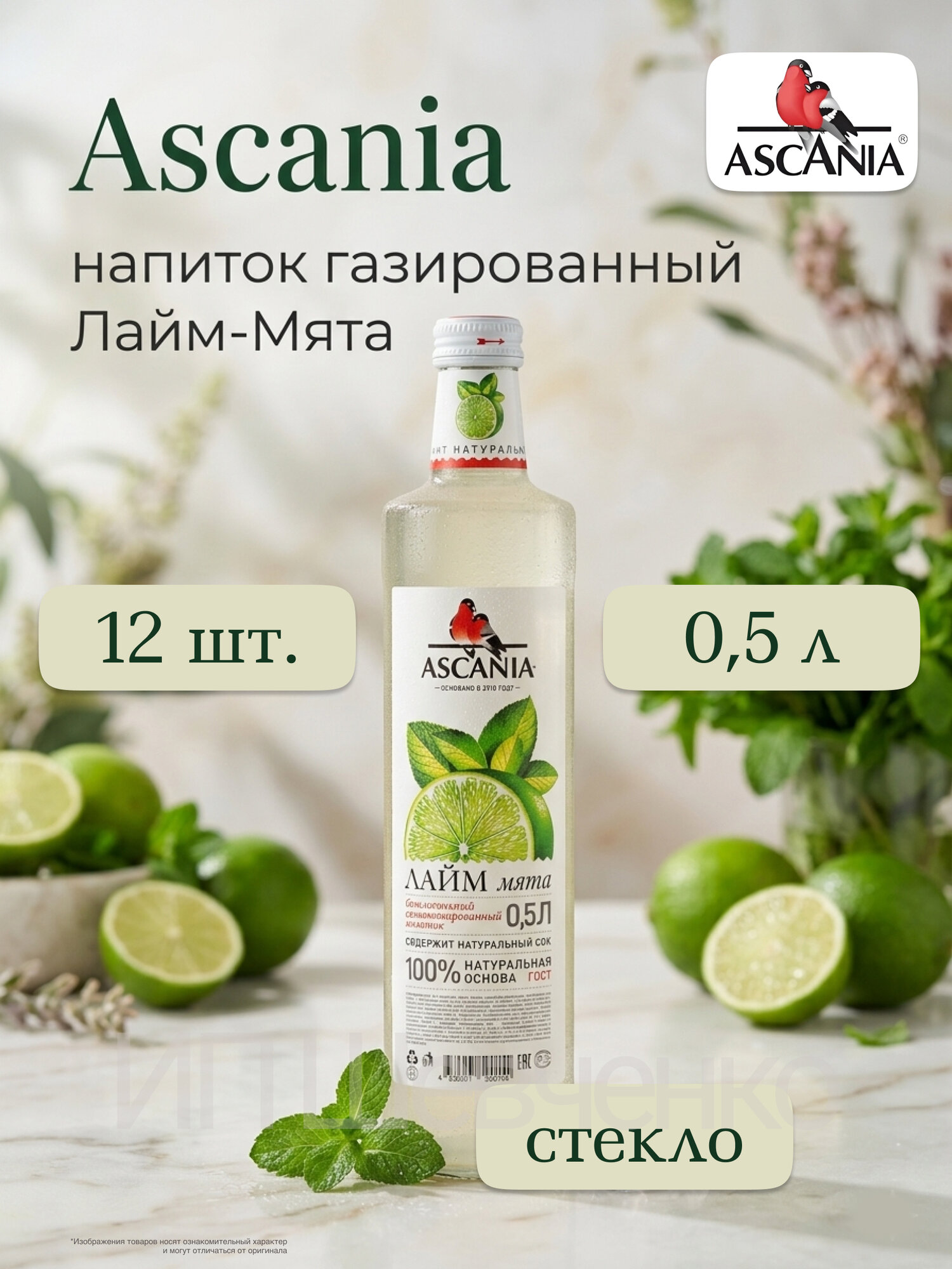 Напиток газированный Ascania (Аскания) Лайм-Мята 0,5 л х 12 бутылок, стекло