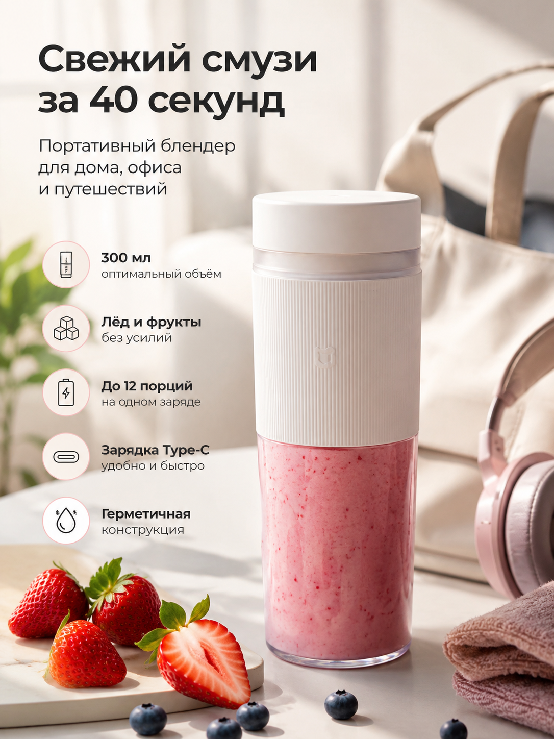 Беспроводная соковыжималка блендер Xiaomi Mijia Portable Juicing Cup 2 White (MJZZB02PL)