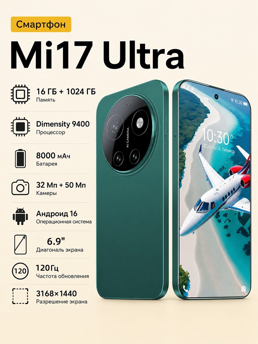 Смартфон Galaxy 16+1024 ГБ, 6,9", 8000 мАч, Android 16, Dimensity 9400, Разблокировка по лицу и отпечатку, Для детей