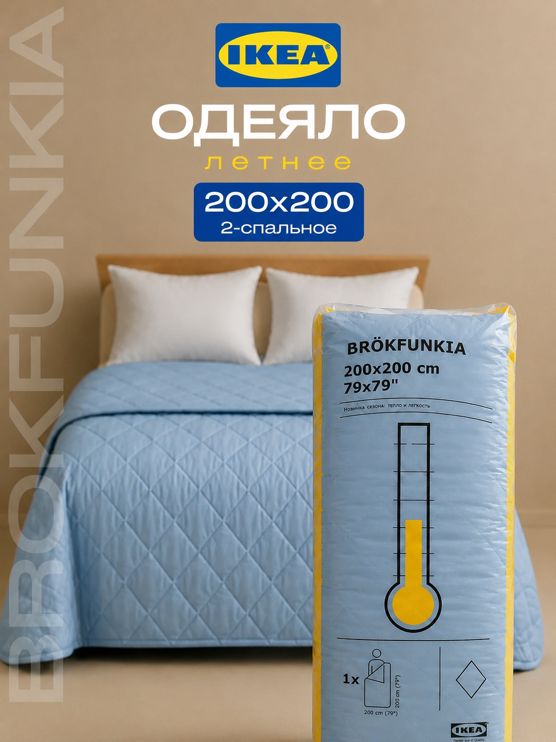 Одеяло двуспальное икеа BROKFUNKIA, 200х200 см, легкое, всесезонное, голубое