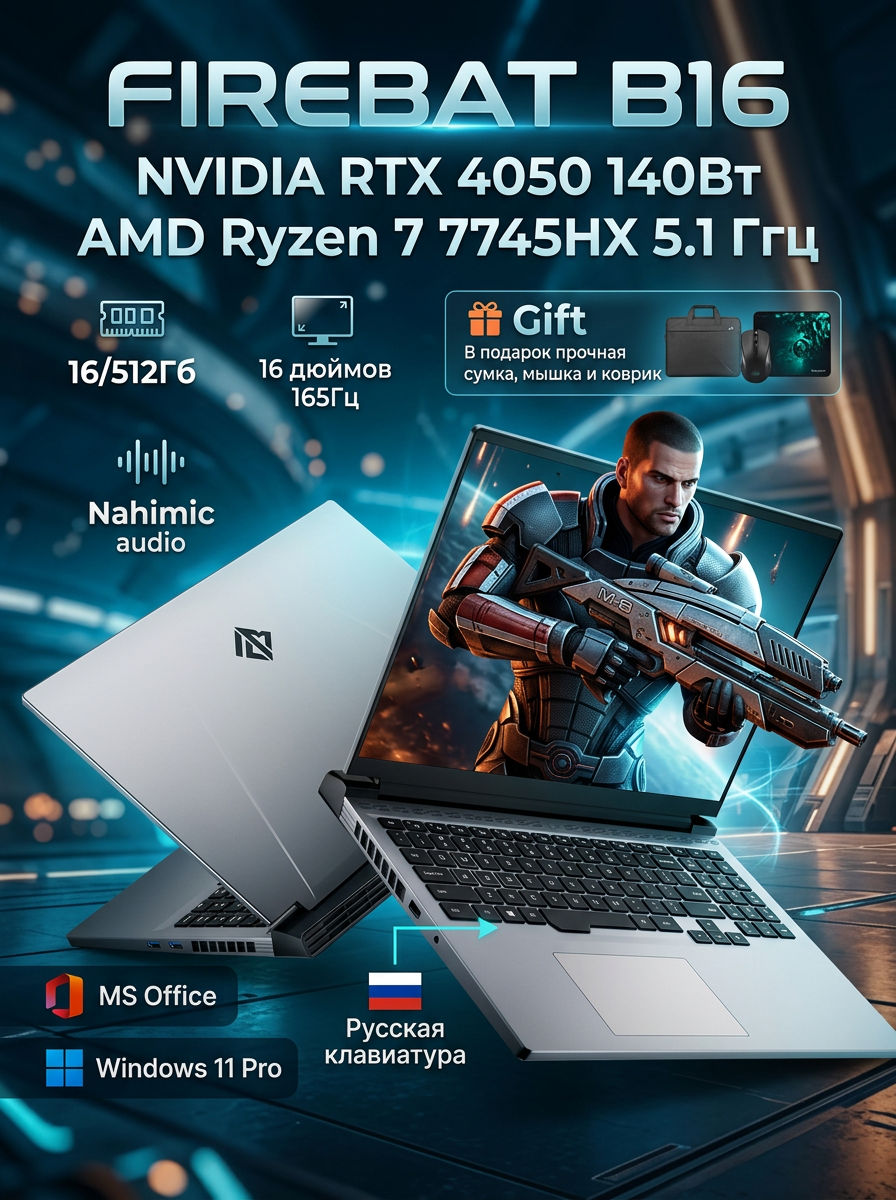 Игровой ноутбук FIREBAT B16 16", Ryzen 7 7745HX, 16/512ГБ, RTX 4050 + Win11/MS Office+Сумка+ Мышка+ Коврик, Гарантия год