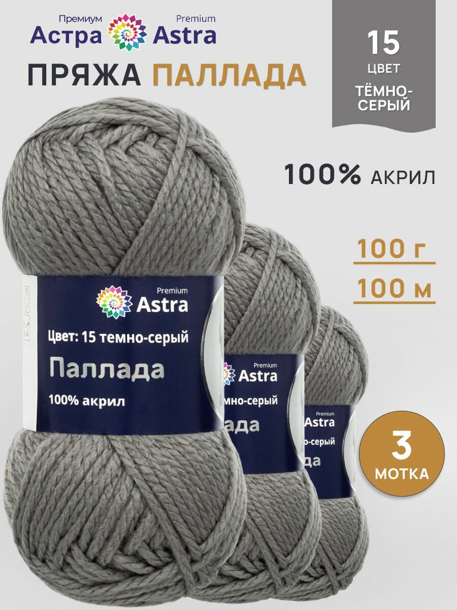 Пряжа для вязания Astra Premium 'Паллада' 100г, 100м (100% акрил) (15 темно-серый), 3 мотка