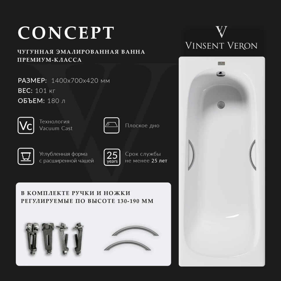 Ванна чугунная Vinsent Veron Concept VCO1407042H/VH0015GM 140x70 см, с ручками, белый