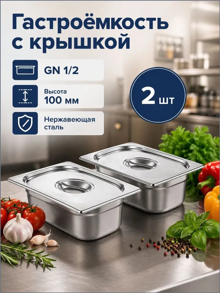 Гастроемкость GN 1/2-100 мм из нержавеющей стали, 32.5 см х 26.5 см, 2 шт