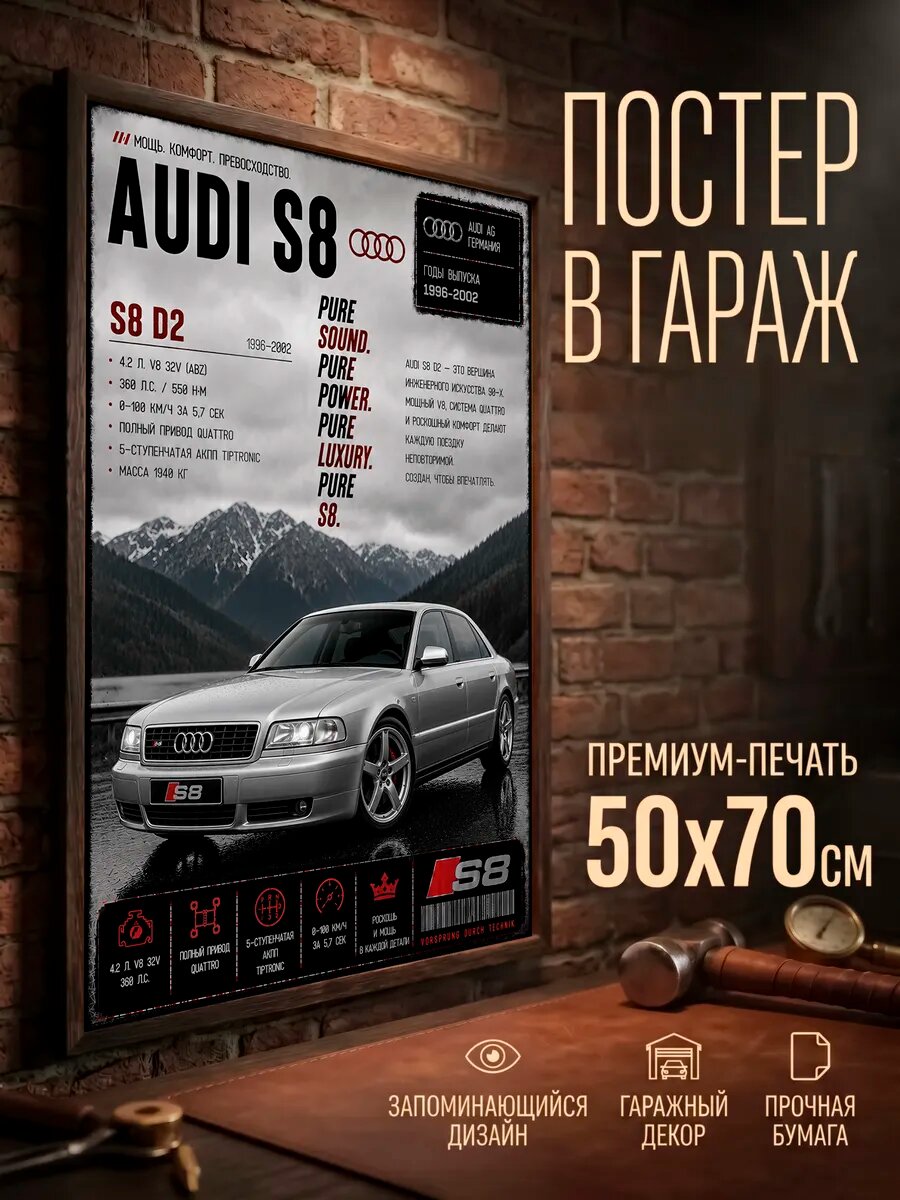 Постер на стену большой 50*70 без рамки авто Ауди S8 D2