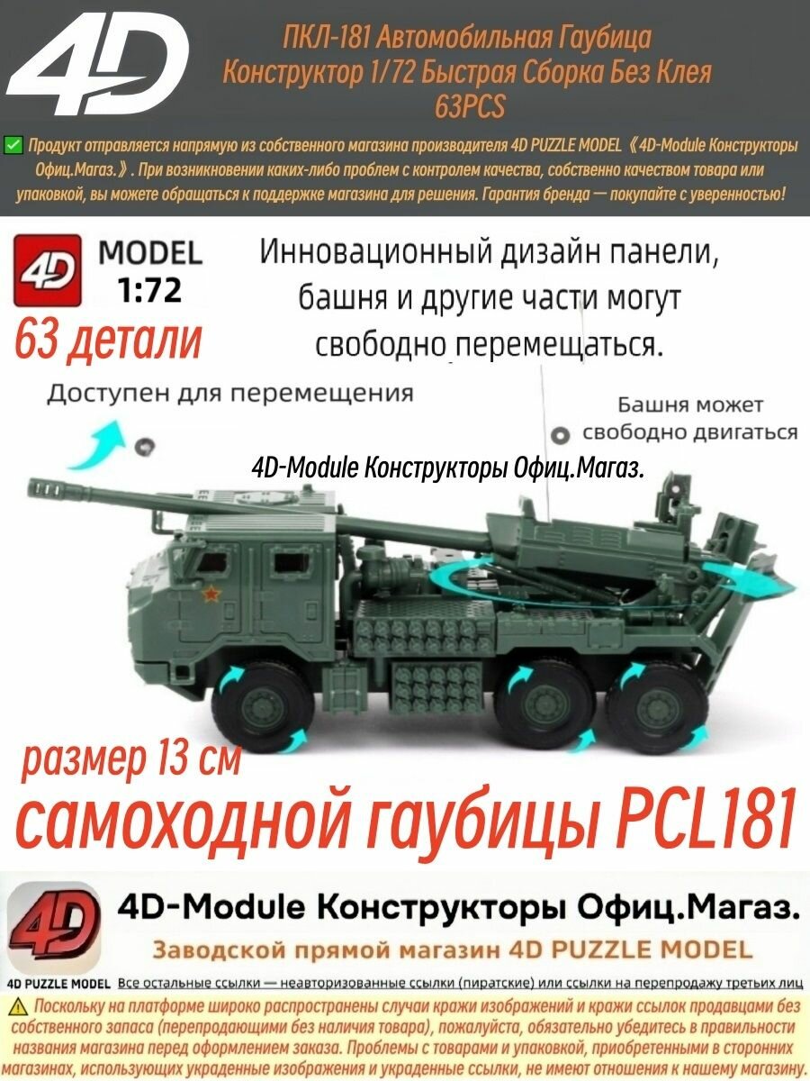 Конструктор 4D Модель ПКЛ-181 Автомобильная Гаубица 1/72 Без Клея 63 Деталей, Зеленый сборная модель военная техника 1/72 масштаб