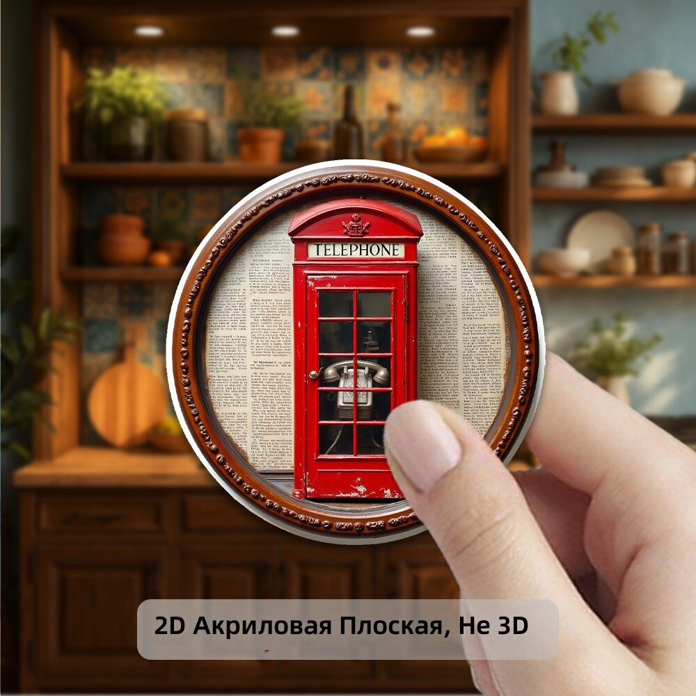 Магнит на холодильник красная телефонная будка 1 шт, акриловый, 2D, с открывающейся дверцей, ретро