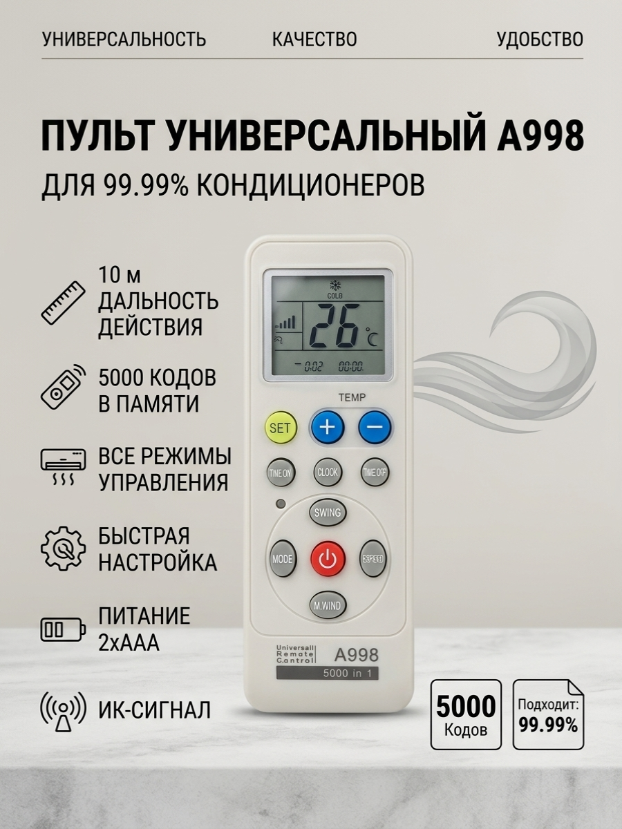 Универсальный пульт Chunghop A998, для кондиционеров, ИК, 5000 кодов, 12 кнопок