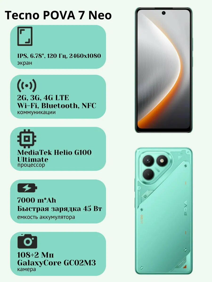 Смартфон Tecno POVA 7 Neo 8 ГБ/256 ГБ Бирюзовый Ростест, NFC, экран 6.78", камера 108+2 Мп