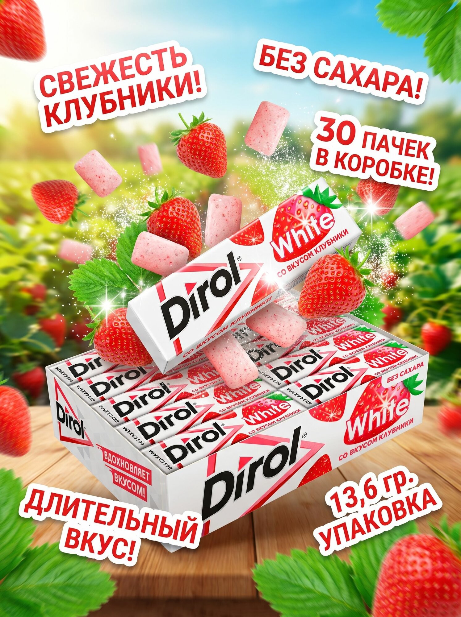 Жевательная резинка Дирол White Клубника, 30 шт.
