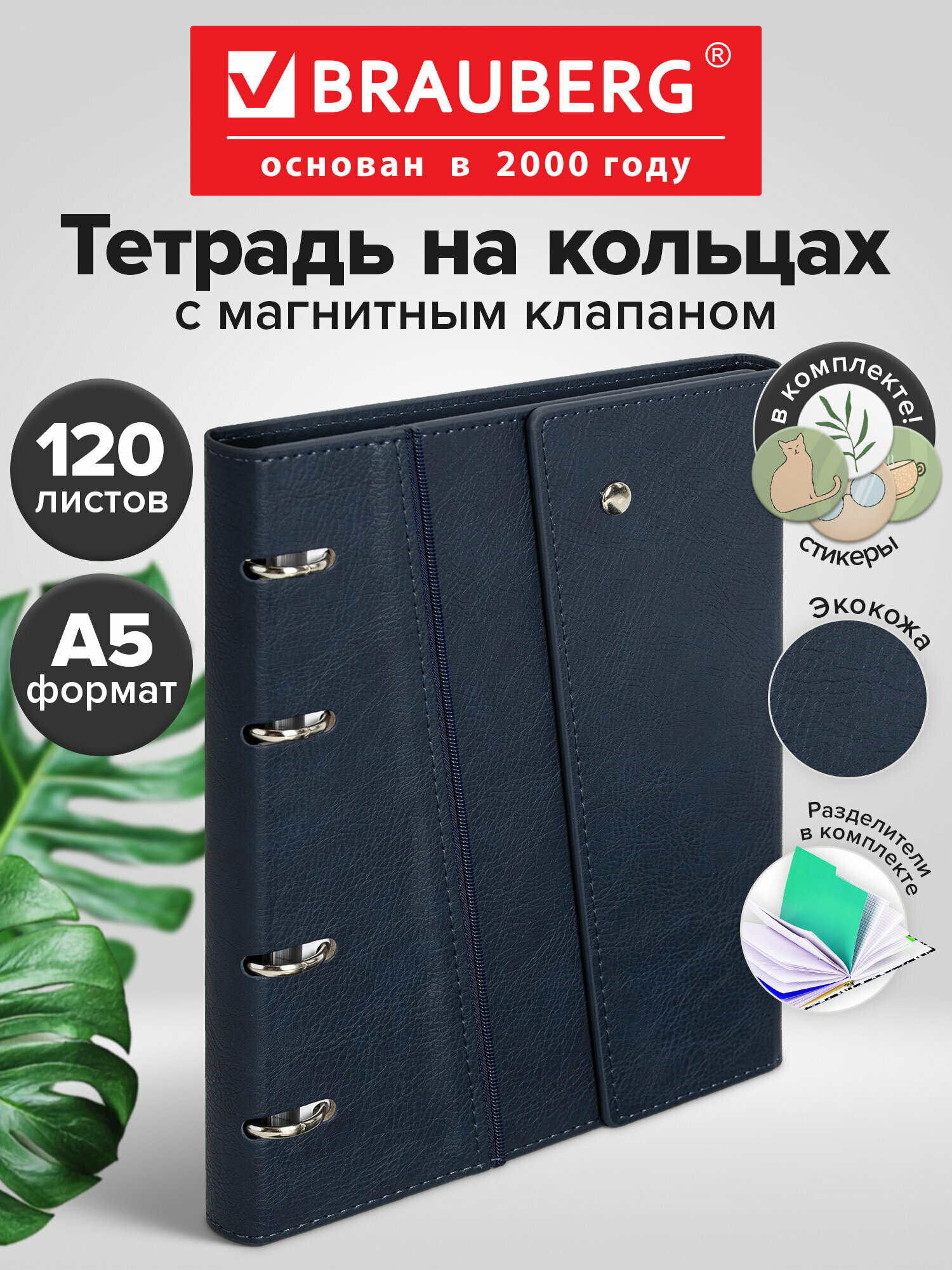 Тетрадь на кольцах А5 в клетку со сменным блоком 180х220 мм 120 листов, под кожу, разделители, стикеры, Brauberg, 405251