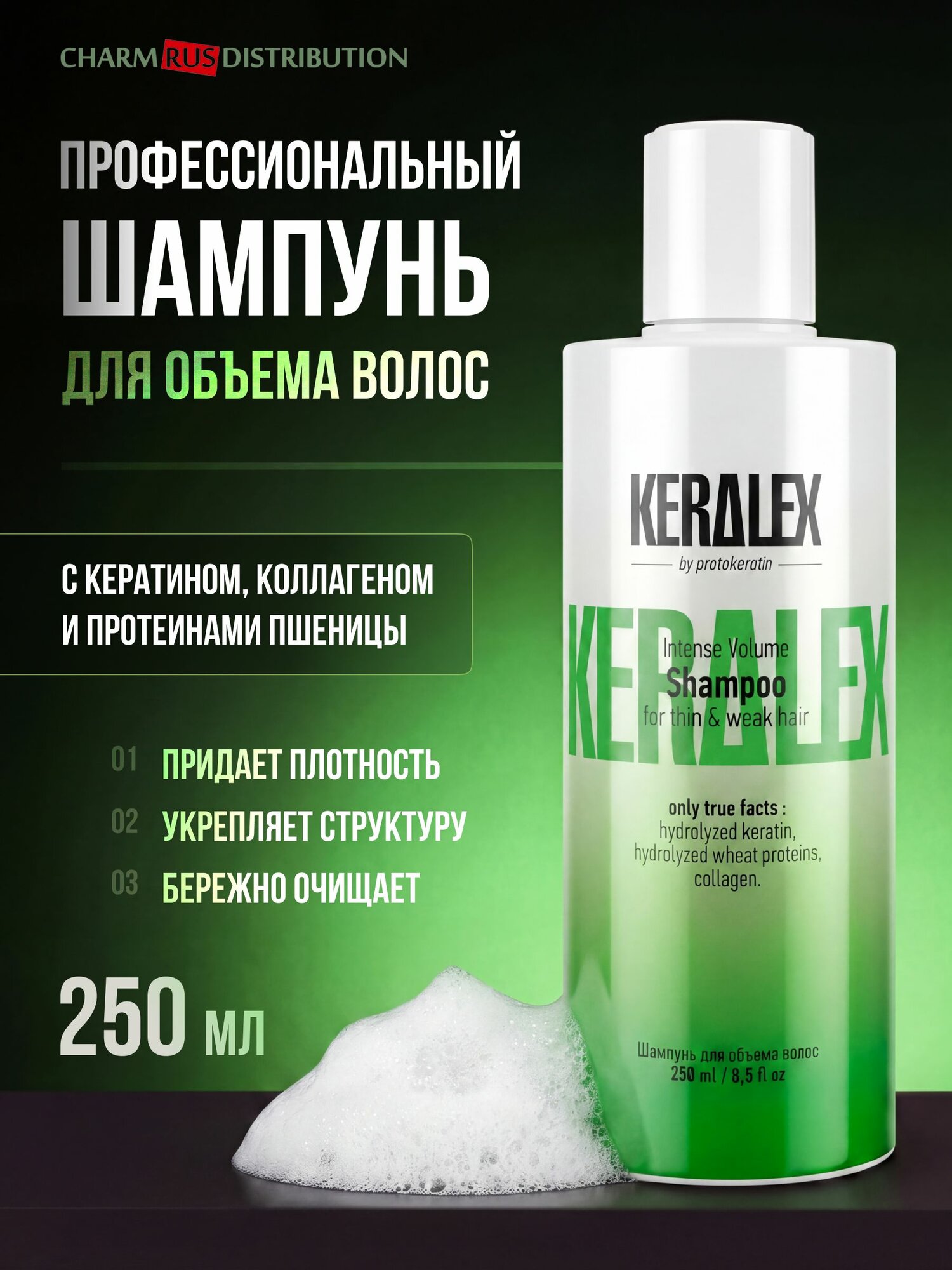 Шампунь для объёма волос Keralex, 250мл, профессиональный с кератином, для тонких и повреждённых волос, женский и мужской