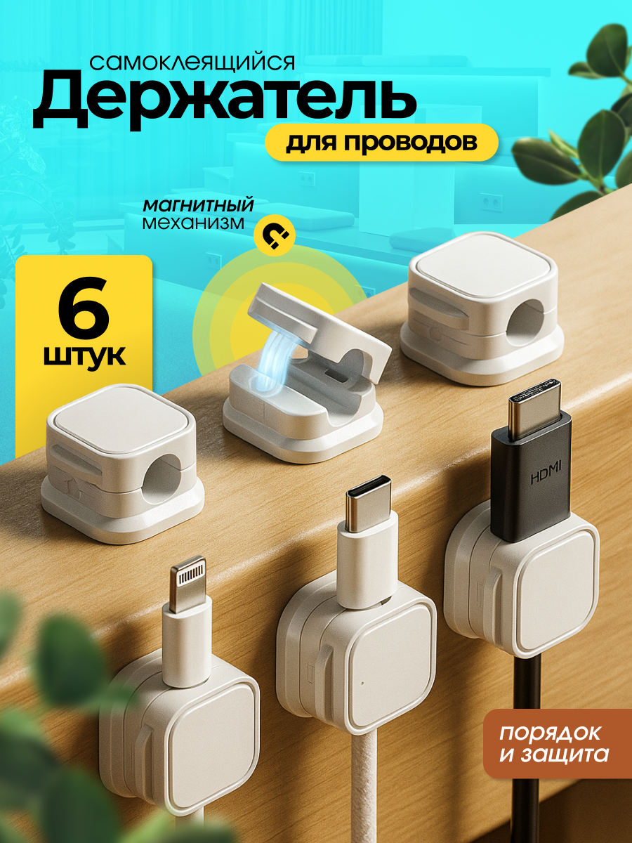 Держатель/органайзер для проводов, кабелей, зарядок магнитный самоклеящийся набор из 6 шт, белый цвет