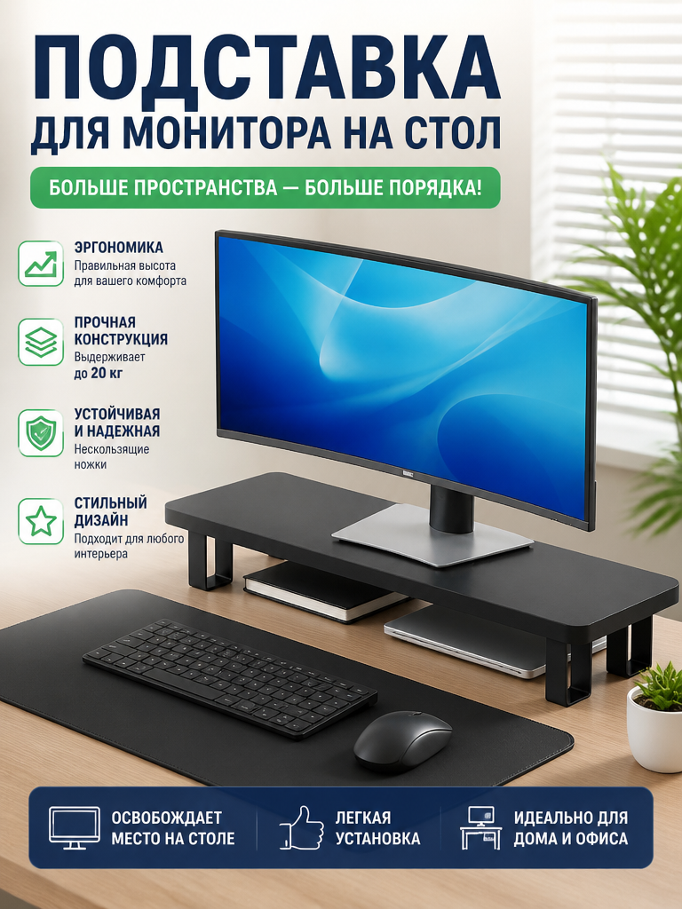 Подставка под монитор на стол, цвет: Чёрный 80*23*10cm