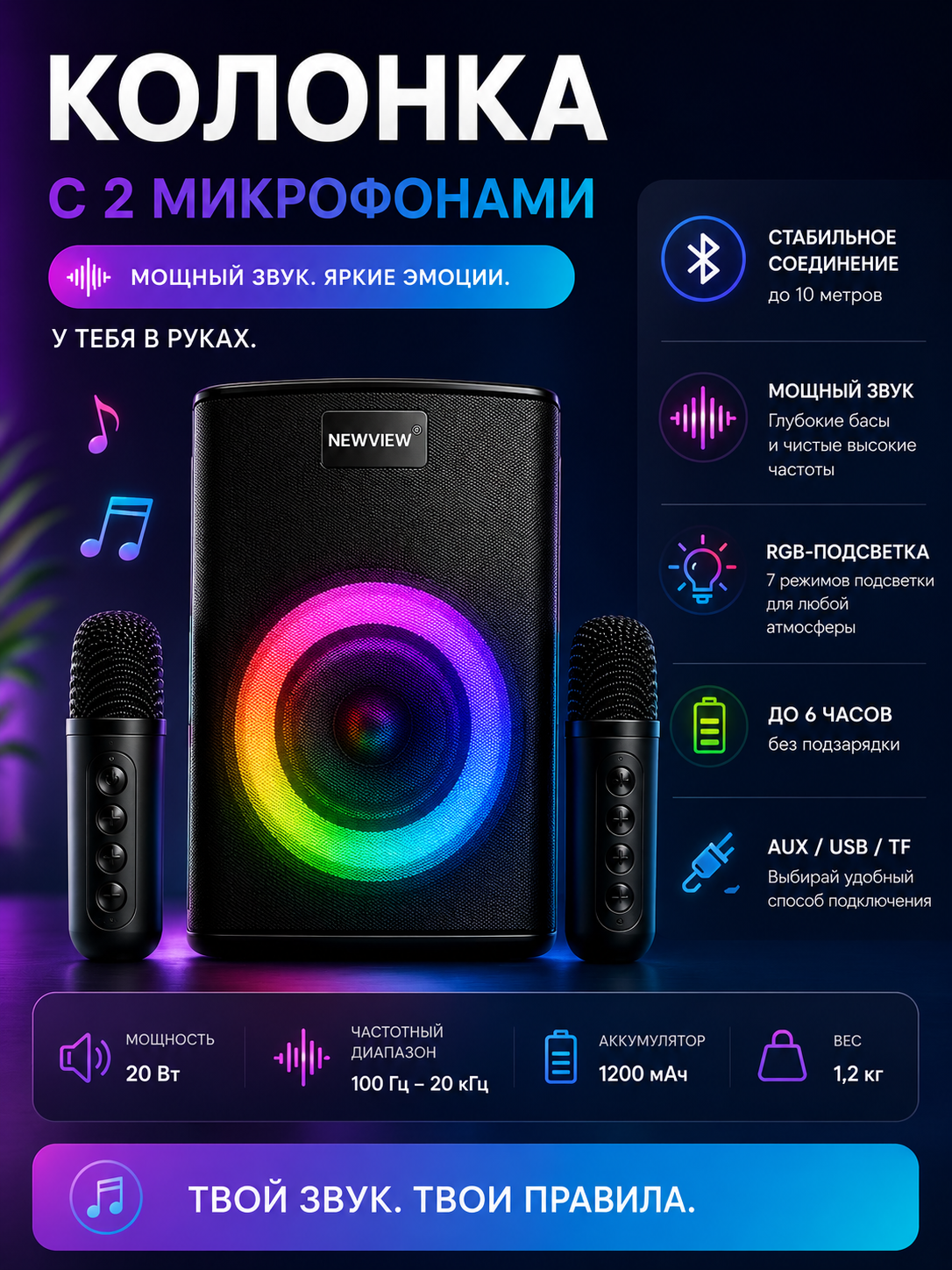 Музыкальная караоке колонка с двумя беспроводными микрофонами, портативная