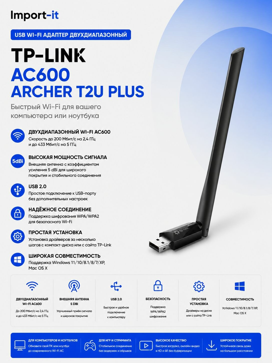 TP-Link AC600 Archer T2U Plus Wi-Fi-адаптер, USB