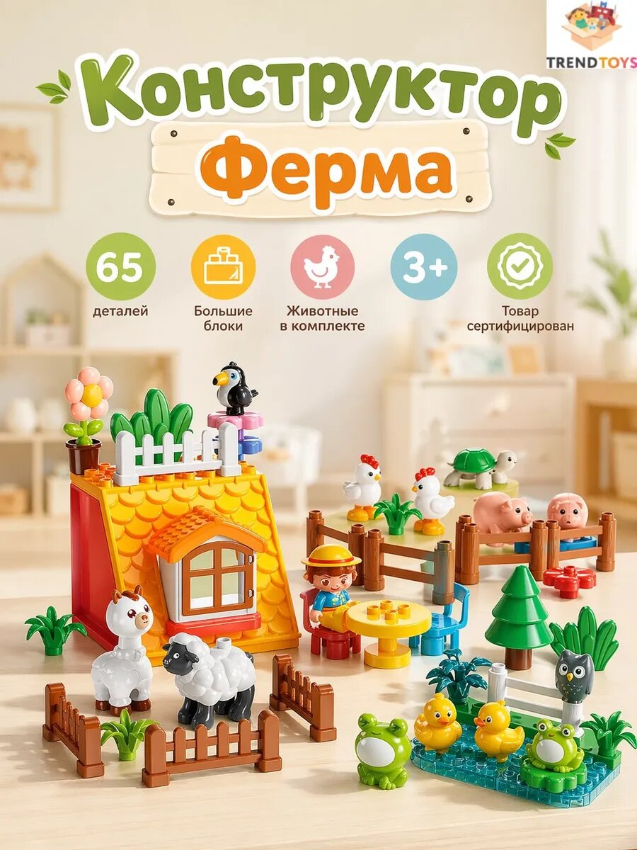 Конструктор крупный ферма с животными TrendToys детский конструктор Дупло 65 деталей