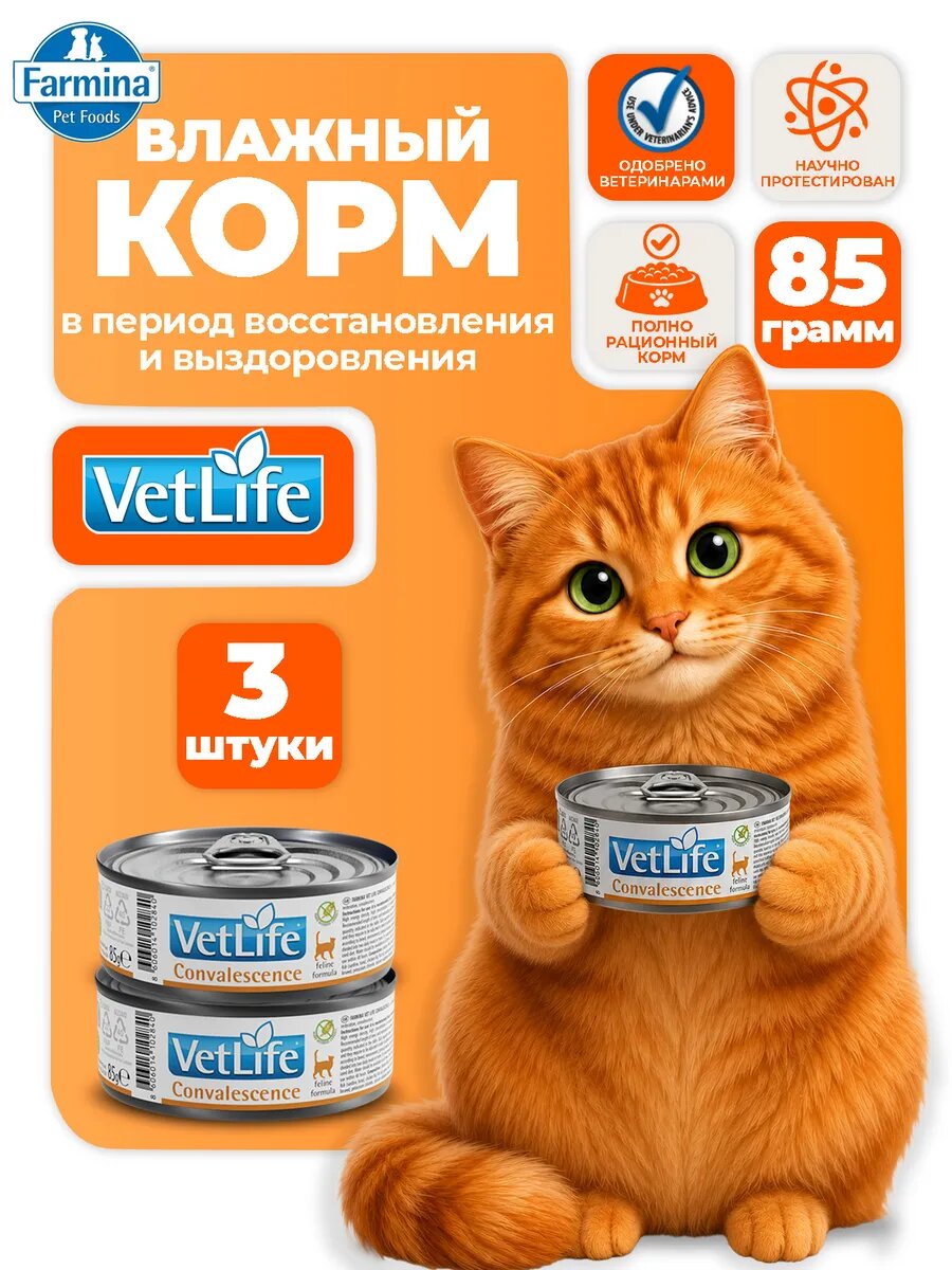 Farmina Vet Life Convalescence 85 г ×3 влажный диетический корм для взрослых кошек в период восстановления после болезни