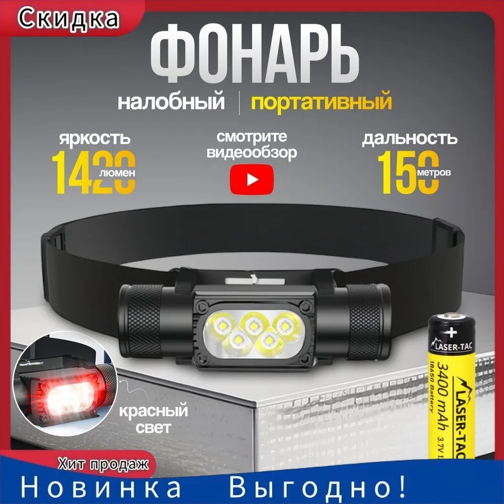 Налобный фонарь LASER-TAC черный с дальностью освещения 105 метров и сменным светофильтром