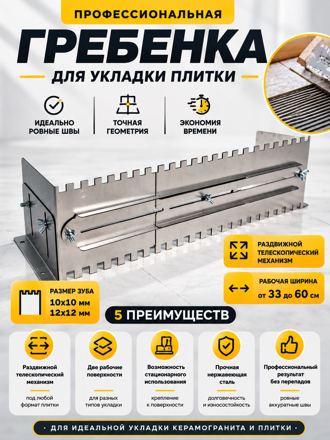 Гребенка для укладки плитки двухсторонняя зуб 10/12 (нержавейка)