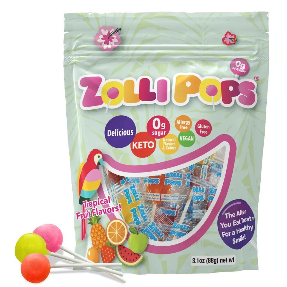Zollipops, Леденцы "Чистые зубы" на палочке, без сахара, тропические фрукты, в индивидуальных упаковках, 88 гр