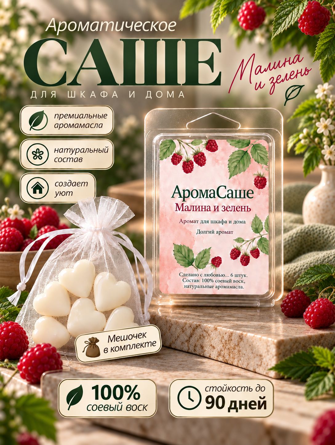 Саше ароматическое для шкафа, Малина и Зелень, Аромасаше