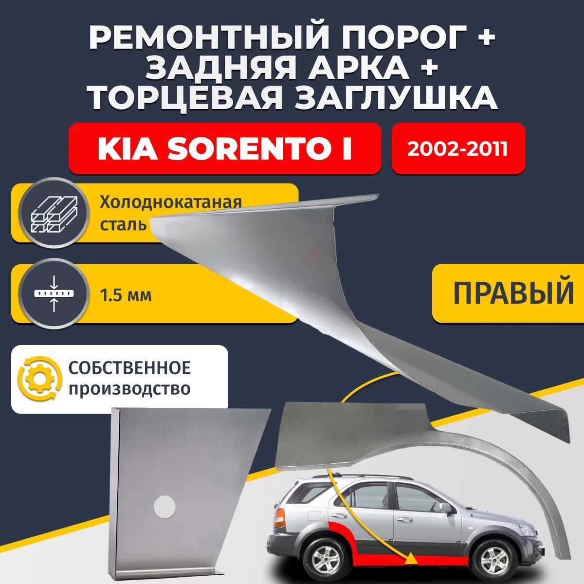 Правая задняя ремонтная арка (0,8 мм) и правый стандартный ремонтный порог (1,5 мм) + торцевая заглушка (1,5 мм) на Kia Sorento 1 2002-2011 (Киа Соренто 1). Холоднокатаная сталь