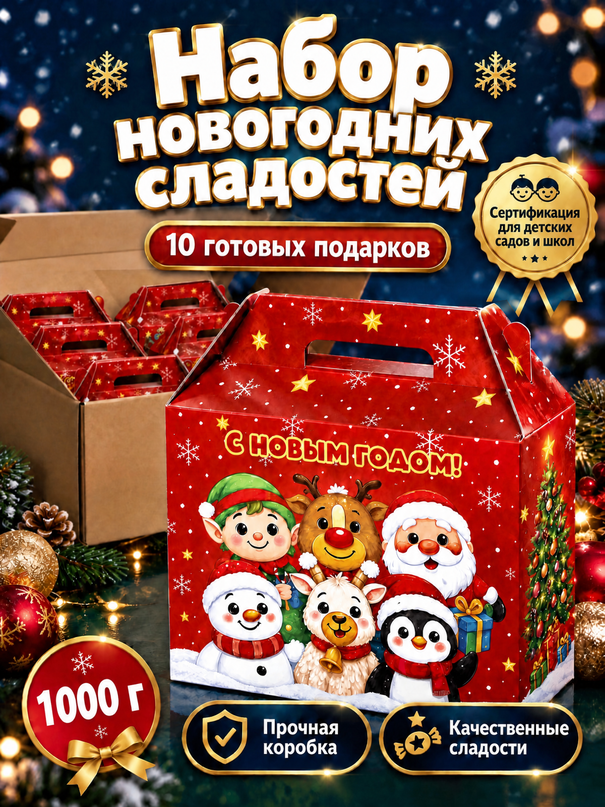Сладкий Новогодний подарок для детей 1000 грамм 10 шт 2026, ассорти конфет