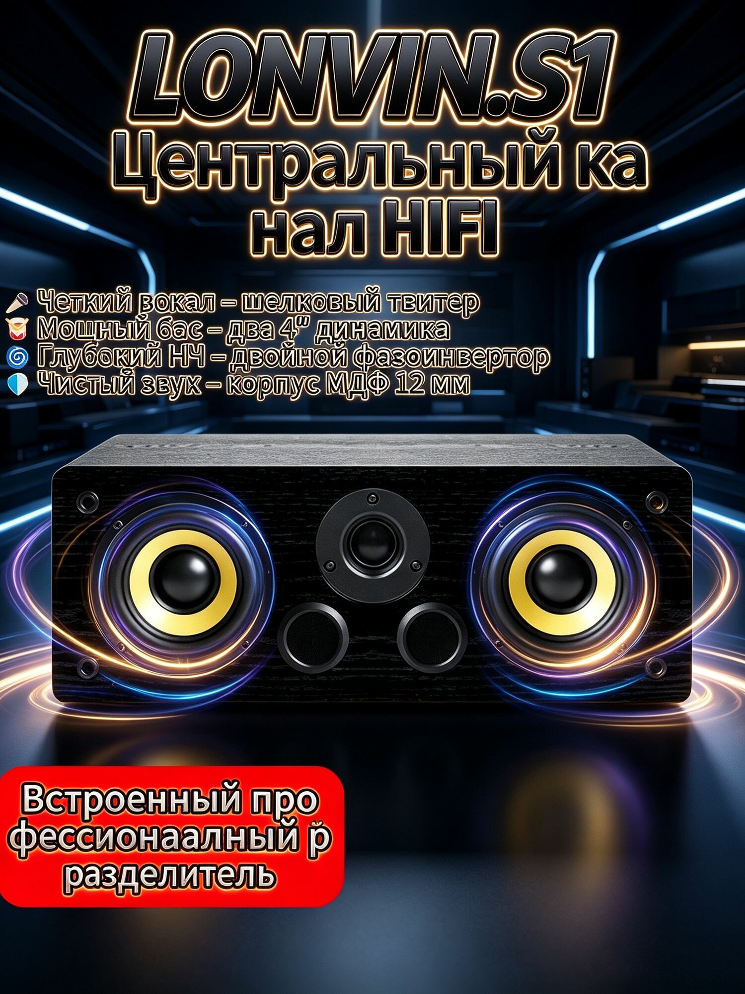 LONVIN S1 Центральный громкоговоритель Hi-Fi 2-полосный 3-динамика, шёлковый твитер 3", чистые диалоги для кинотеатра, 50-20000 Гц, 88 дБ, 4 Ом, 4,0 кг