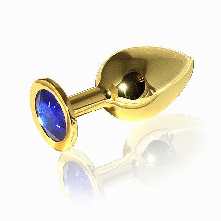 Пробка Butt Plug Gold Large анальная из нержавеющей стали с голубым кристаллом размер длина 9.5 см диаметр 4 см