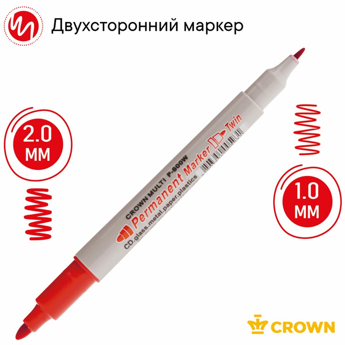 Маркер перманентный двусторонний Crown Multi Marker Twin (2мм/1мм, круглый наконечник, красный) (P-800W), 12шт.