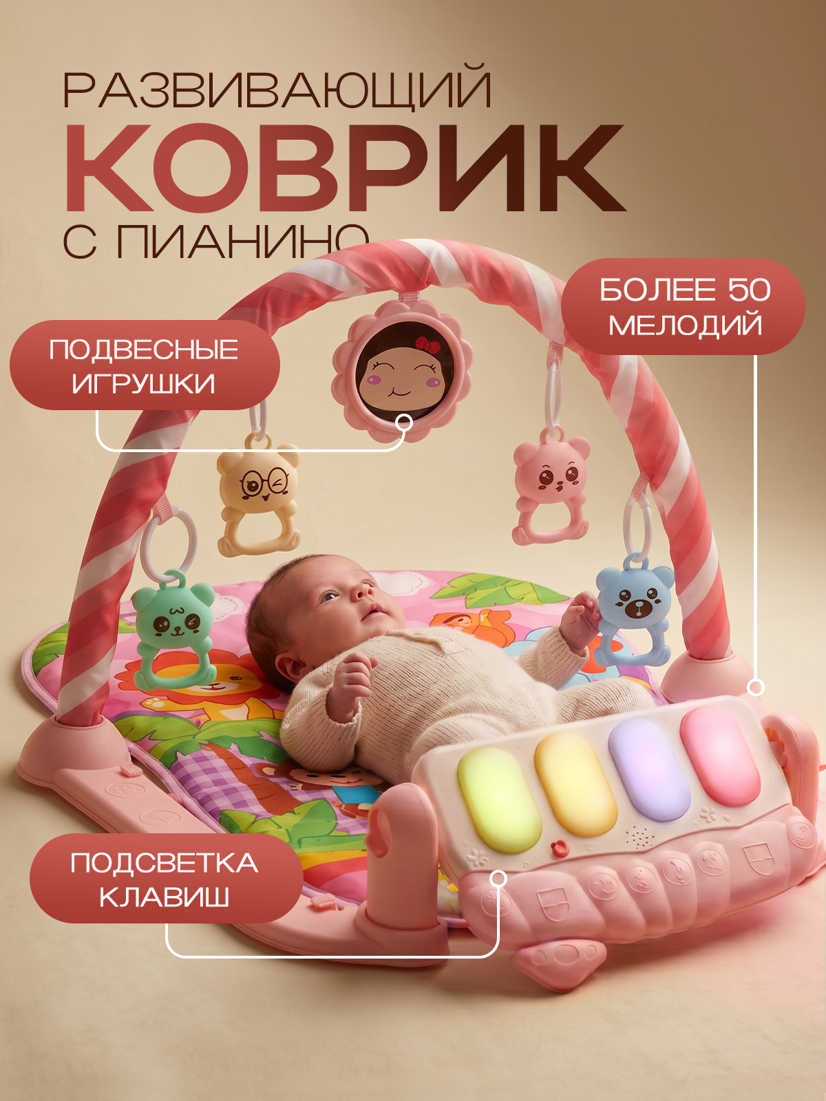 Коврик игровой, развивающий, мягкий, с пианино и погремушками, со звуком и светом