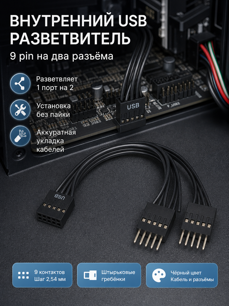 Кабель-разветвитель USB 9 pin на два разъёма, внутренний шлейф для материнской платы, черный