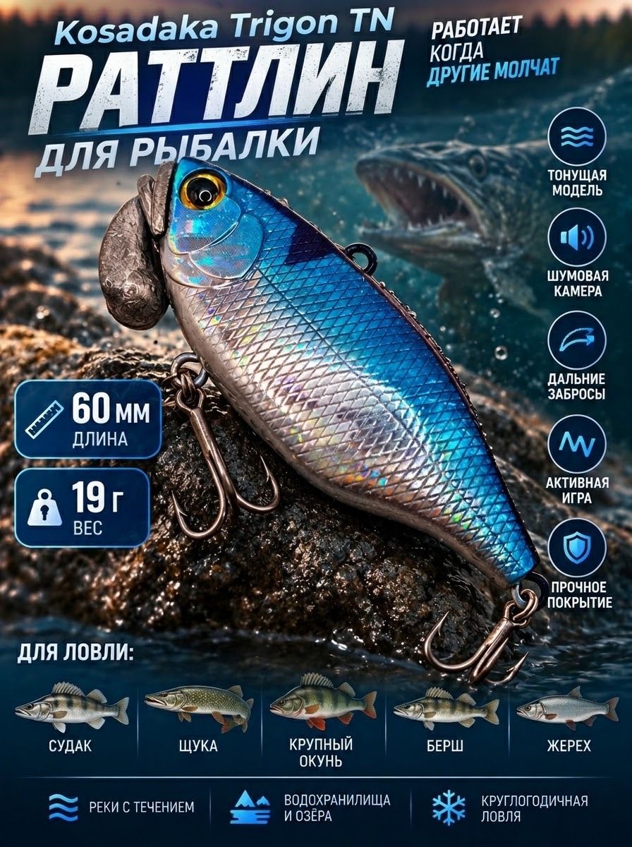 Воблер раттлин Kosadaka Trigon TN 60S тонущий виб 60 мм / 19 г для хищной рыбы
