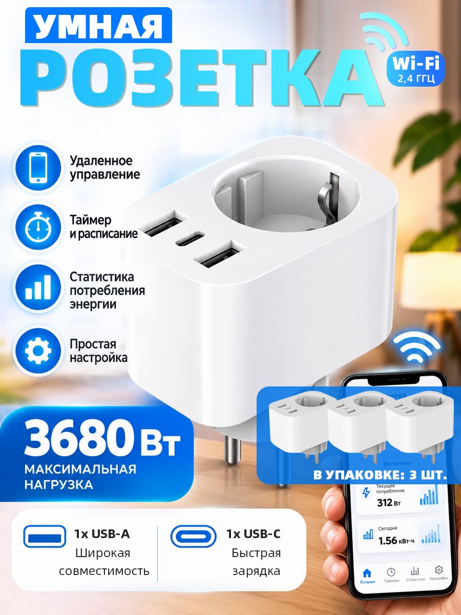 Умная Wi-Fi-розетка, оснащенная разъемами USB-A и USB-C, функцией быстрой зарядки, таймером, мониторингом энергопотребления и дистанционным управ