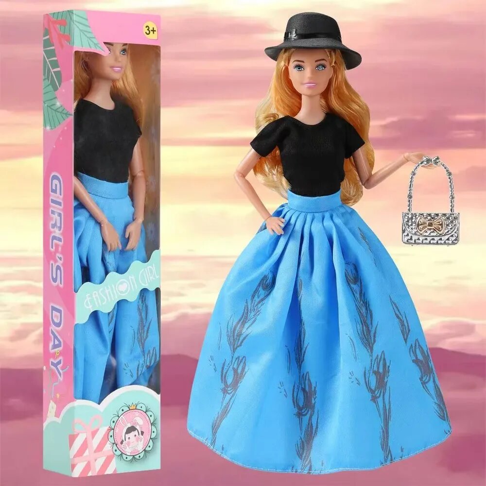 Модная кукла Barbie, 30 см, с шляпкой и сумочкой, черный, розовый