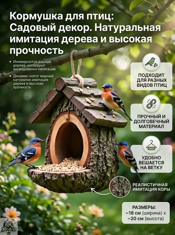 Кормушка для птиц в виде пня из полимерной смолы коричневого цвета