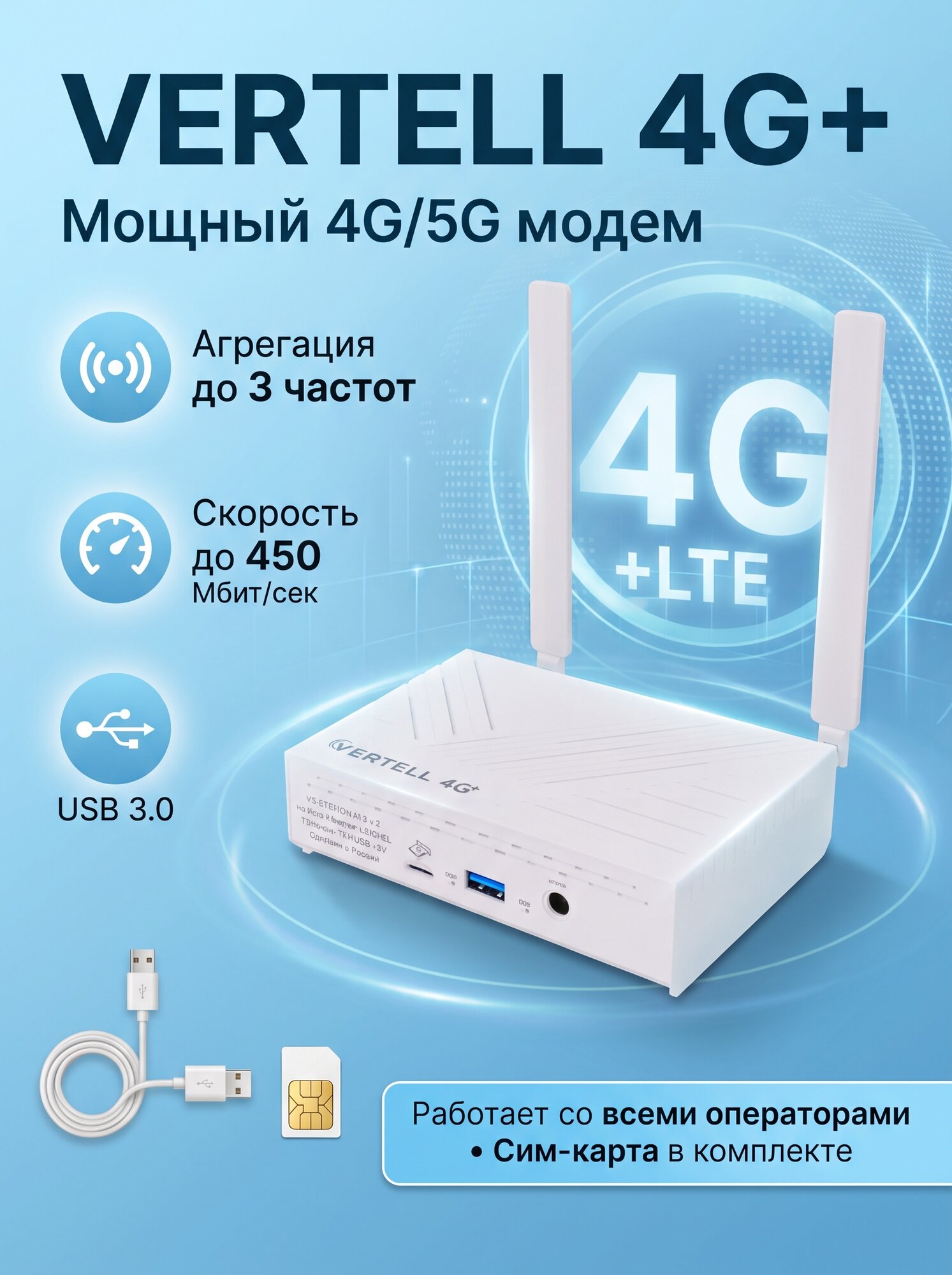 Модем 4G+ LTE Fibocom L850 cat.9 в корпусе Vertell VT-STATION-M.2+Sim-карта в подарок