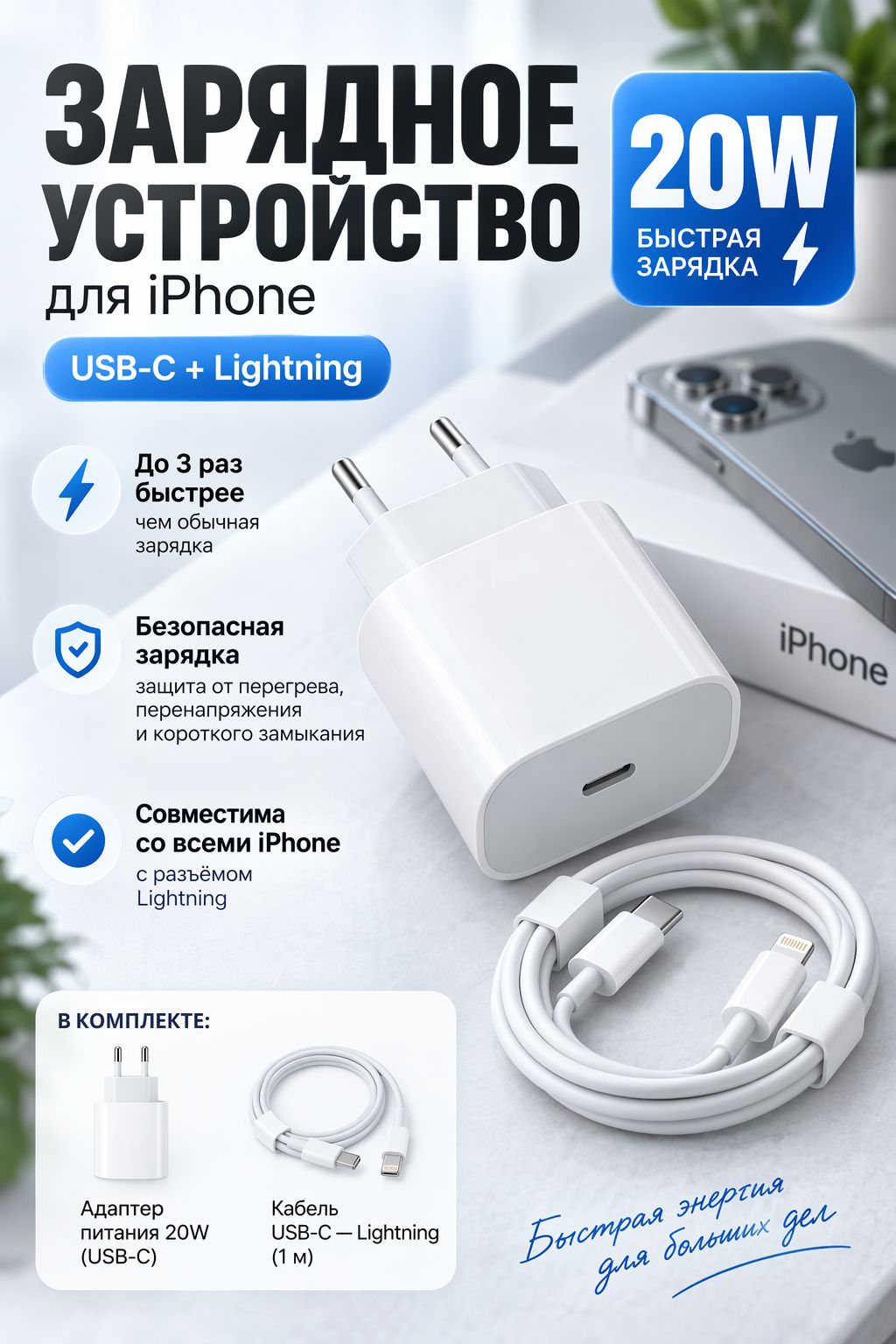 Сетевой адаптер USB-C 20W + USB-C to Lightning кабель (MHJE3ZM/A, MHJE3) быстрая зарядка для iPhone 17/16/15/14/13/12/11/SE, iPad Pro, iPad Air, блок питания Power Delivery, европейская вилка EU