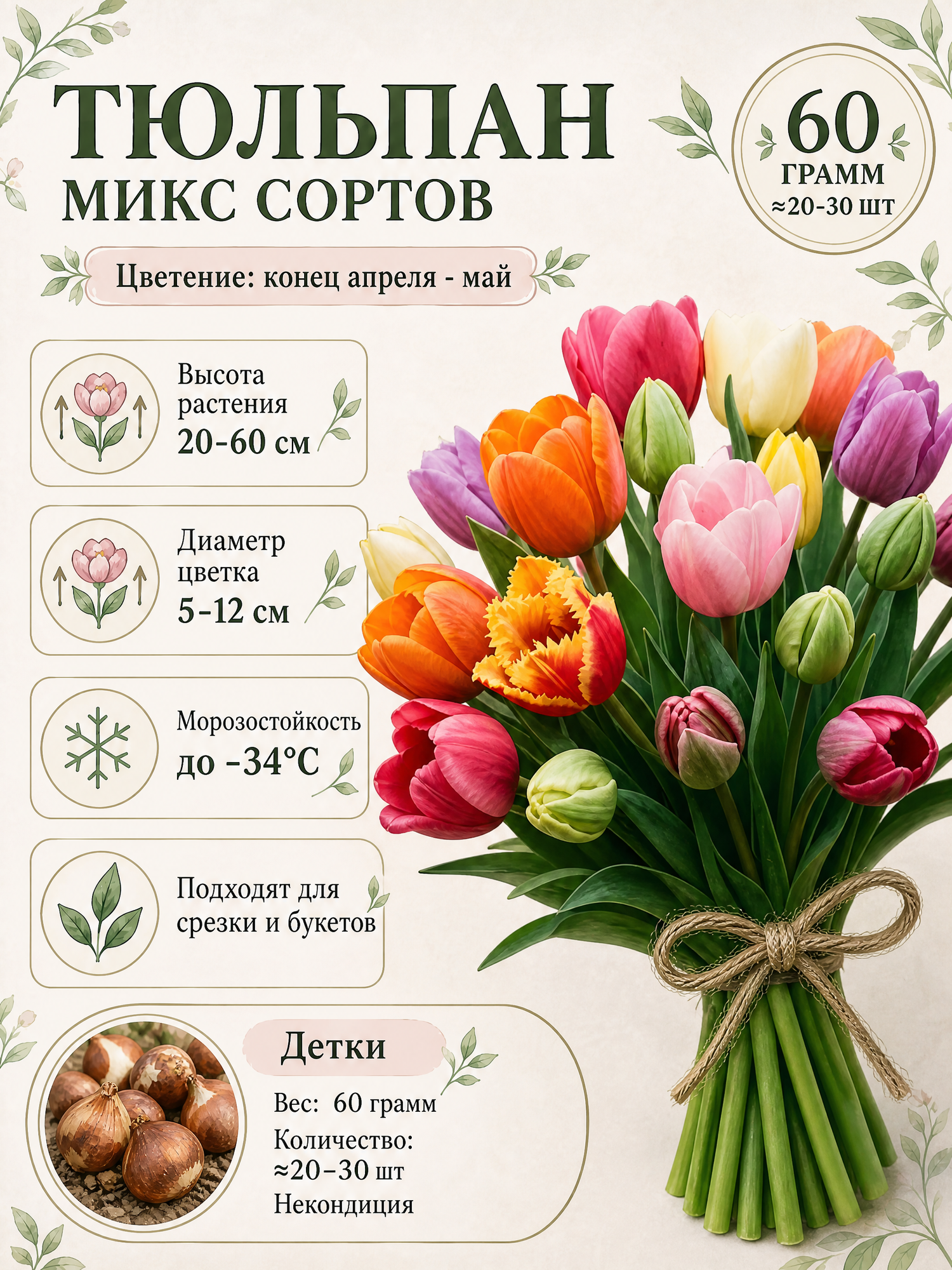 Тюльпан Микс сортов, луковицы 60 гр. (20-30 шт.) детки, некондиция.