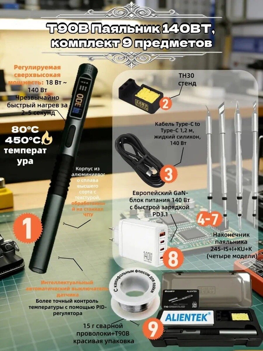 T90B паяльник 140 Вт, 9 предметов, до 450 °C, алюминиевый сплав