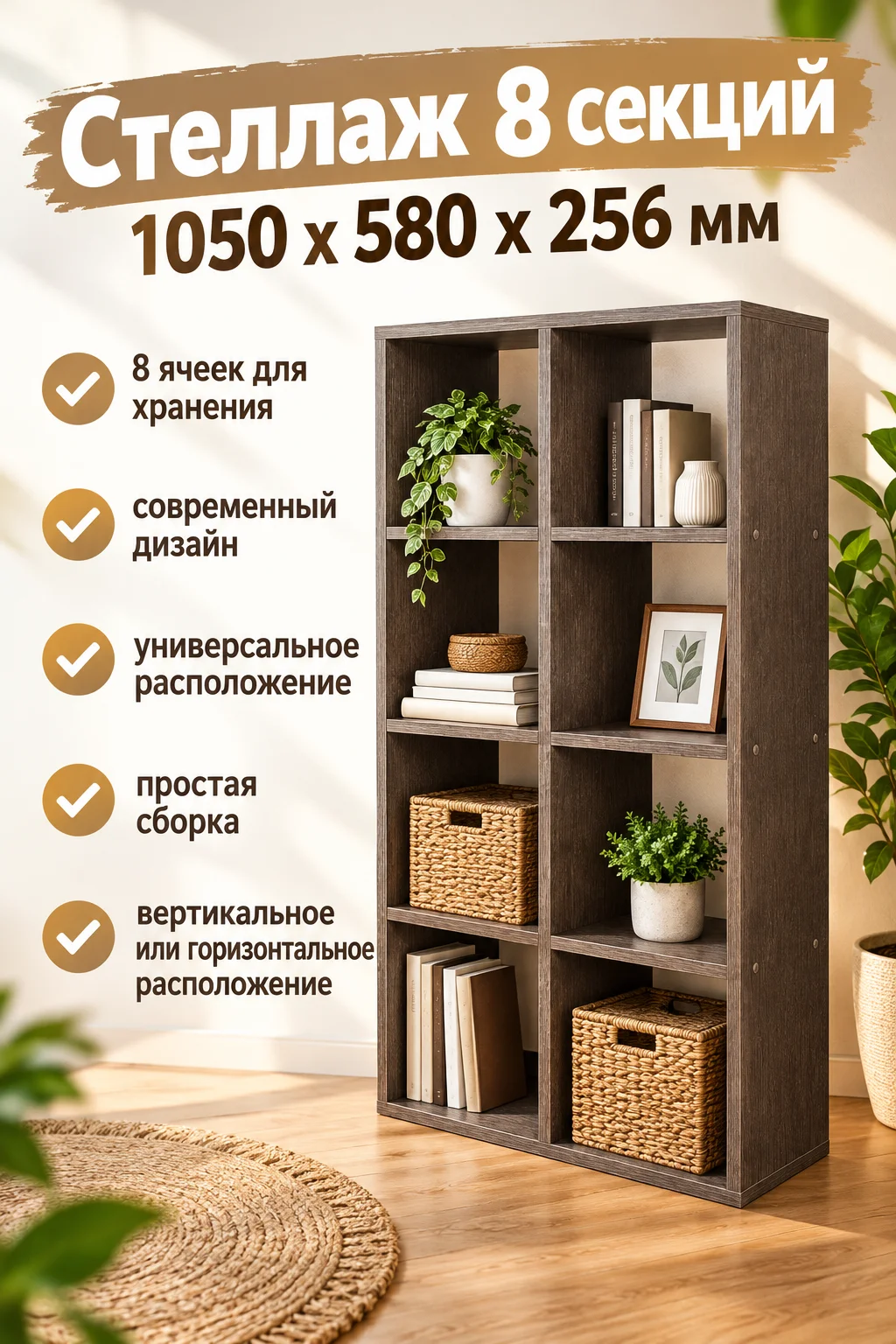 Стеллаж универсальный 8 секций 58см*25,6см*105см, ЛДСП 16мм, цвет Серый