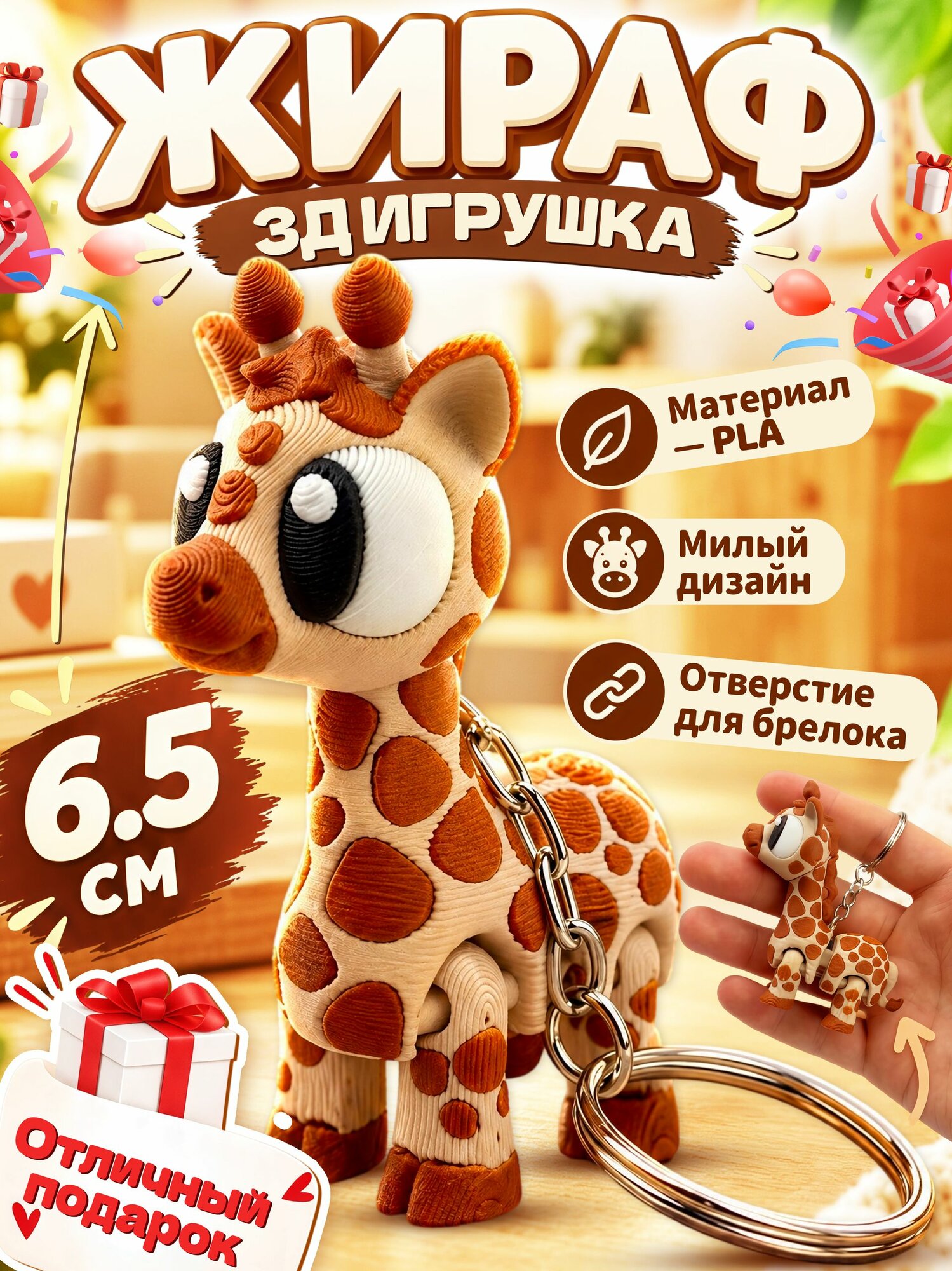 3д игрушка, жираф, антистресс игрушки для детей,1 шт,6.5 см, PLA, подвижные суставы, подарок для мальчика и девочки 3D 1 6.5PLA