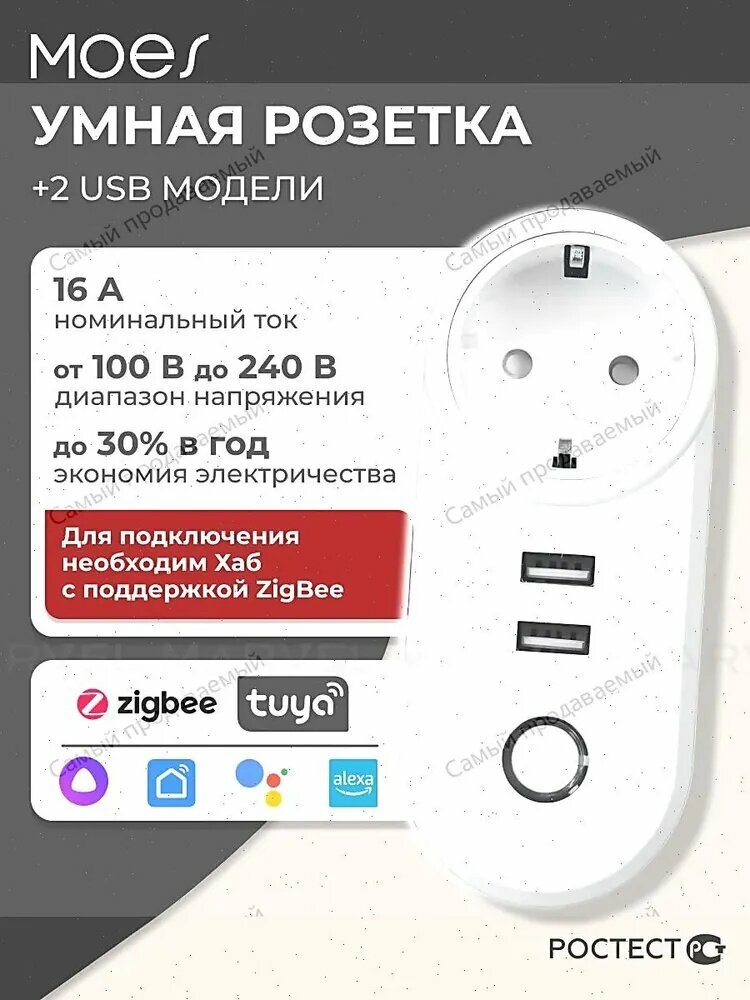 Умная розетка с таймером включения и выключения Moes ZP-LZ-EU2U-WH-MS / голосовое управление, сценарии работы, 2xUSB, ZigBee, Tuya, Smart Life, белый