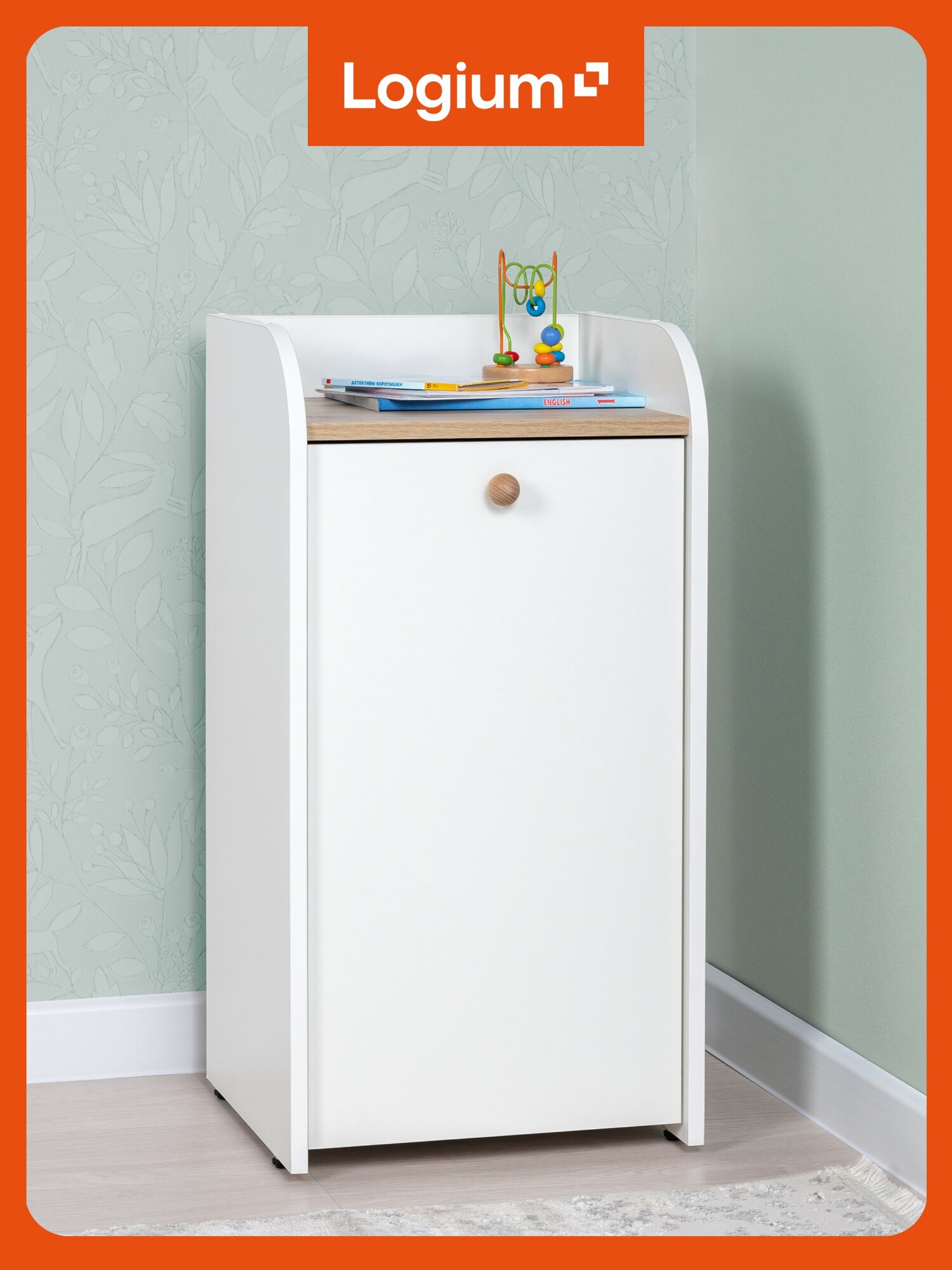 Комод детский, для игрушек, 39х36х76, Топ 16.225.01, Белый шагрень, Дуб Белый exclusive, LOGIUM, с полками и дверцей