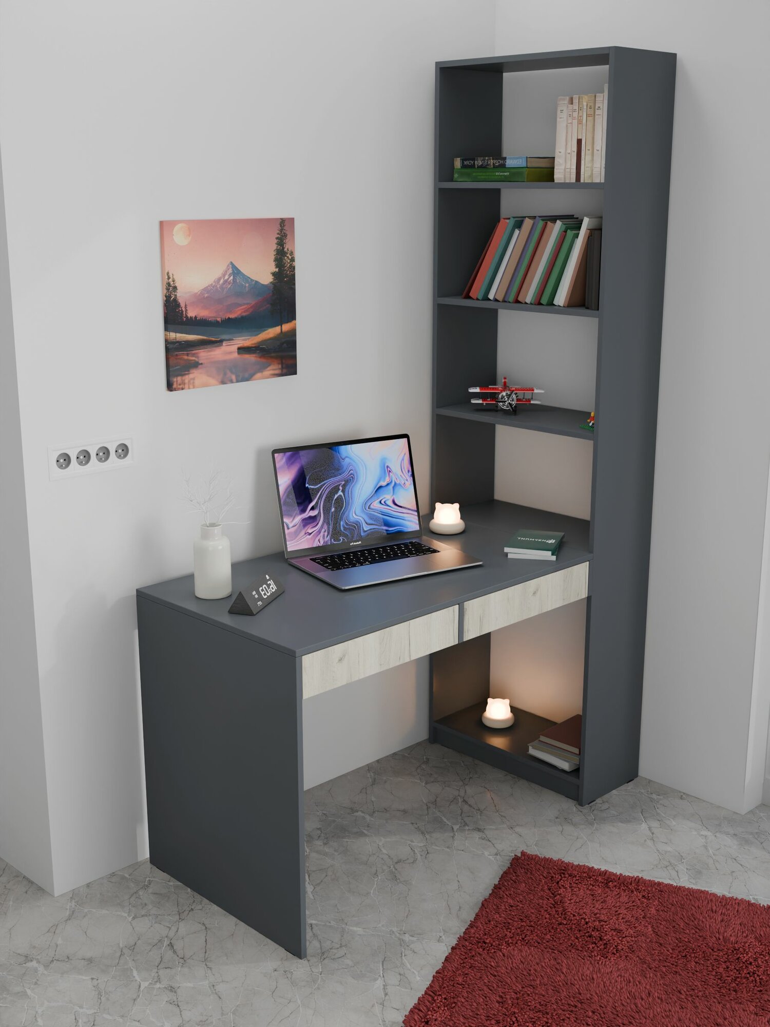 Изумлит Стол-стеллаж письменный угловой, стеллаж справа 200х130х59.2 см, графит - дуб крафт белый