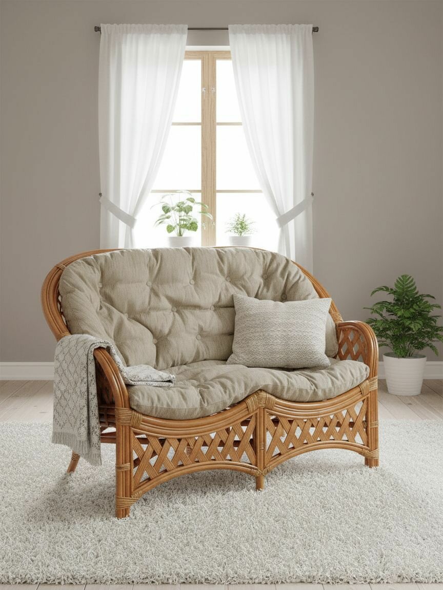 Диван плетёный из натурального ротанга с мягкими подушками